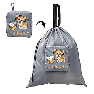 Travel Laundry Bags with Handles and Carabiner, Foldable Dirty Laundry Travel Bag with Cute Corgi Pattern, 24"L X 21"W Dirty Clothes Bag for Traveling,College Laundry Bag, Corgi Gifts for Corgi Lovers
