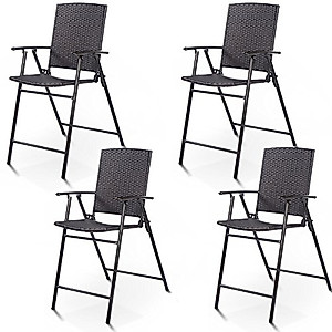 Giantex Set of 4 Folding Wicker Rattan Bar Chairs High Stool with Back Steel Frame Portable Outdoor Indoor UV Resistant Barstools Garden Patio Furniture Set w/Armrests Footrest