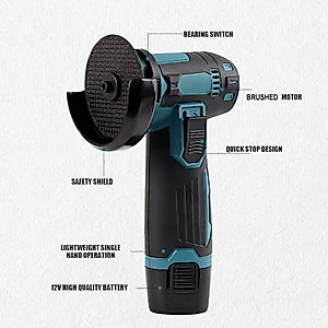 DALYNN 12V dless Brush Angle Grinder Kit, Ginding disc 3 Inch/76mm, Lightweight Angle Grinder Tool w/ 2PCS 1300mAh Lithium-Ion Battery & Charger, Ergonomic Button Position for Reducing Hand Pressure