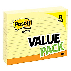 Post it® Notes, 4" x 6", Lined, Canary Yellow, Pack Of 8 Pads