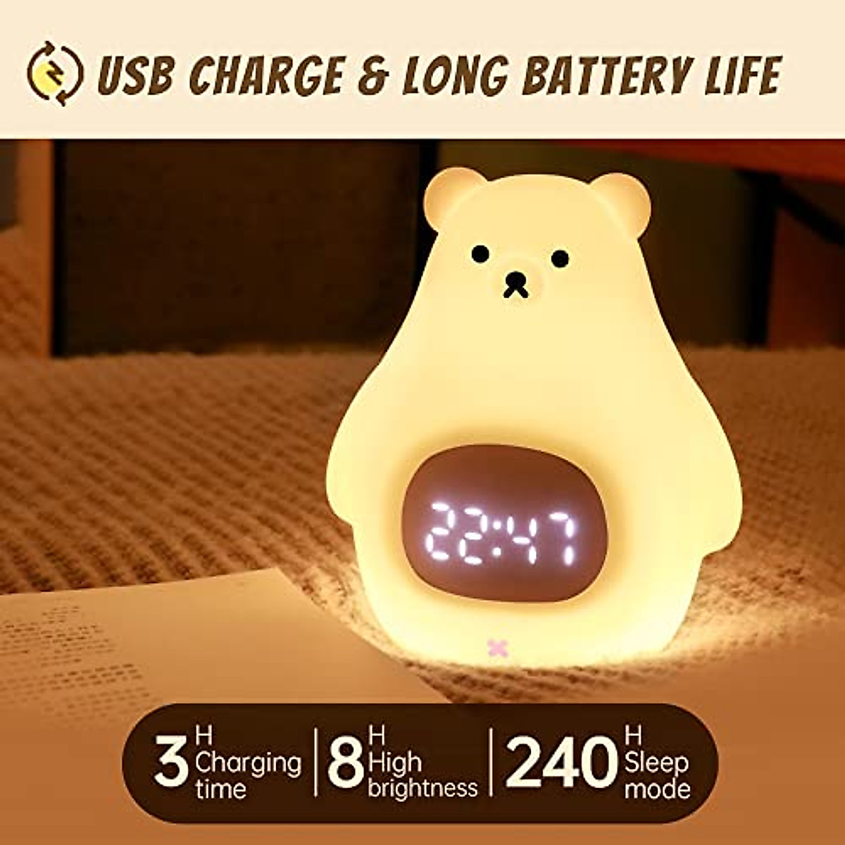 JROSING Bear Night Light, Cute Kids Alarm Clock, Soft BPA-Free Silicone Portable Nursery Lamp, Children USB Rechargeable Nightlight for Girls Boys Toddler Birthday Gifts Bedroom Room Decor