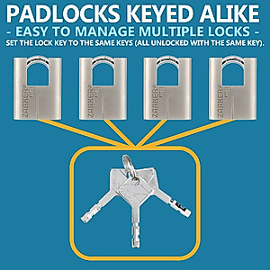 Zarker keyed Alike Padlocks, Heavy Duty Stainless Steel Shackle Lock, Waterproof and Rustproof Storage, Warehouses, Garage, Outdoors, J45S, 4-Pack