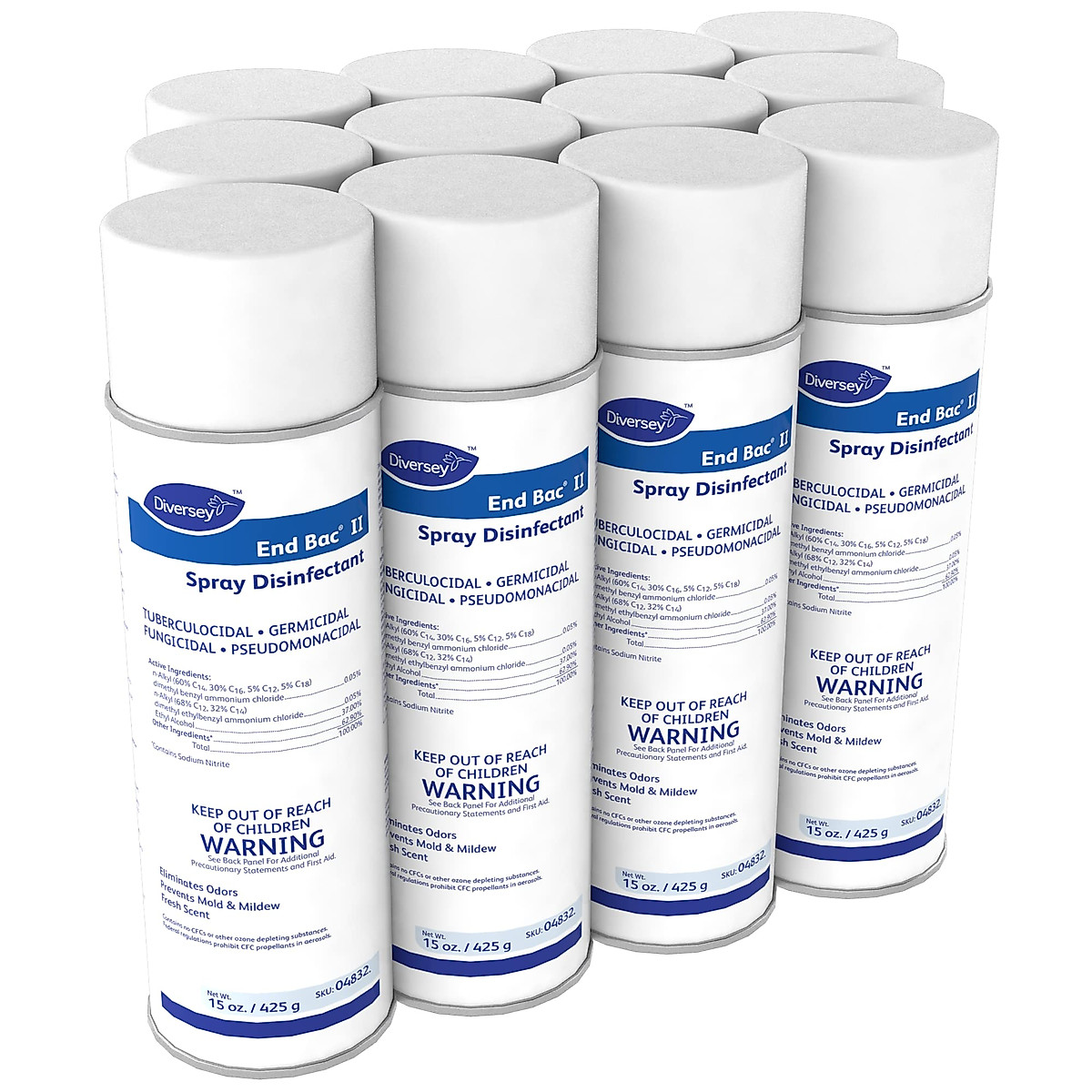 Diversey 04832 End Bac II Spray Disinfectant, Eliminates Odors & Prevents Mold & Mildew, Fresh Scent, Aerosol, 15-Ounce (Pack of 12)