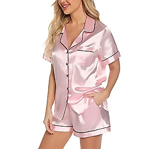 Pjmlifecoco Silk Satin Pajamas Women Short Sleeve Sleepwear Button Down Loungewear Soft Summer Pjs Shorts Set Pink