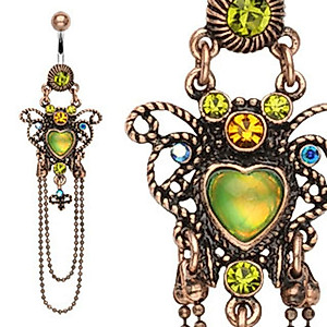 blue palm jewelry Stainless Steel Vintage Heart with Chain Belly Button Naval Ring Dangle 14 Gauge B1