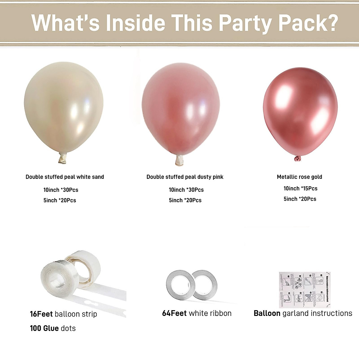 Pearl White Pink Double Stuffed Balloons Garland White Sand Rose Gold Balloon Arch Kit Different Sizes for Baby Shower Birthday Wedding Party Decorations