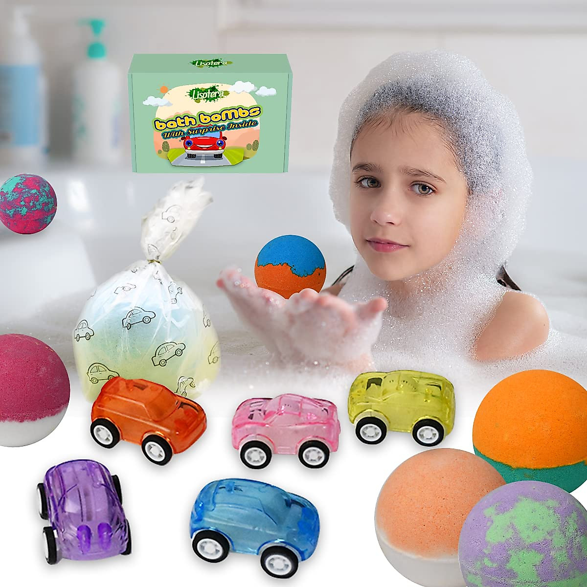 Bath Bombs for Kids with Surprise Inside, 9 Pack Pull-Back Cars Organic Rich Foam Color Bubble Set with 3 Multifunctional Vehicles, Gentle and Kids Safe for Boys Girls Birthday Christmas
