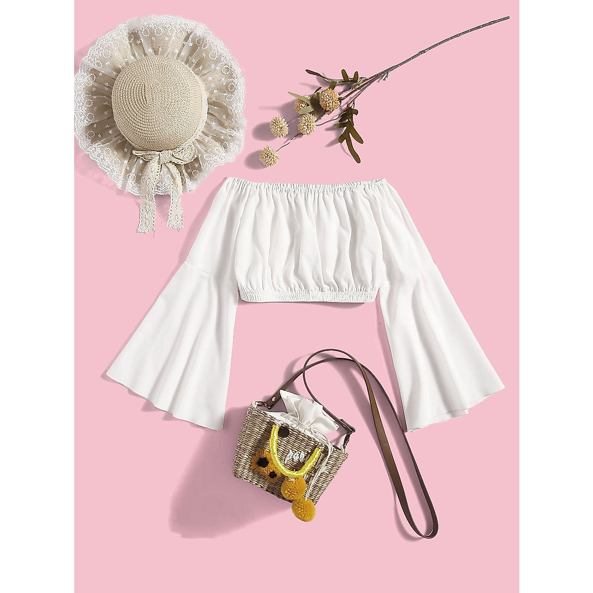 Floerns Girls Off The Shoulder Flounce Long Sleeve Ruched Blouse Crop Tops White 8 Years