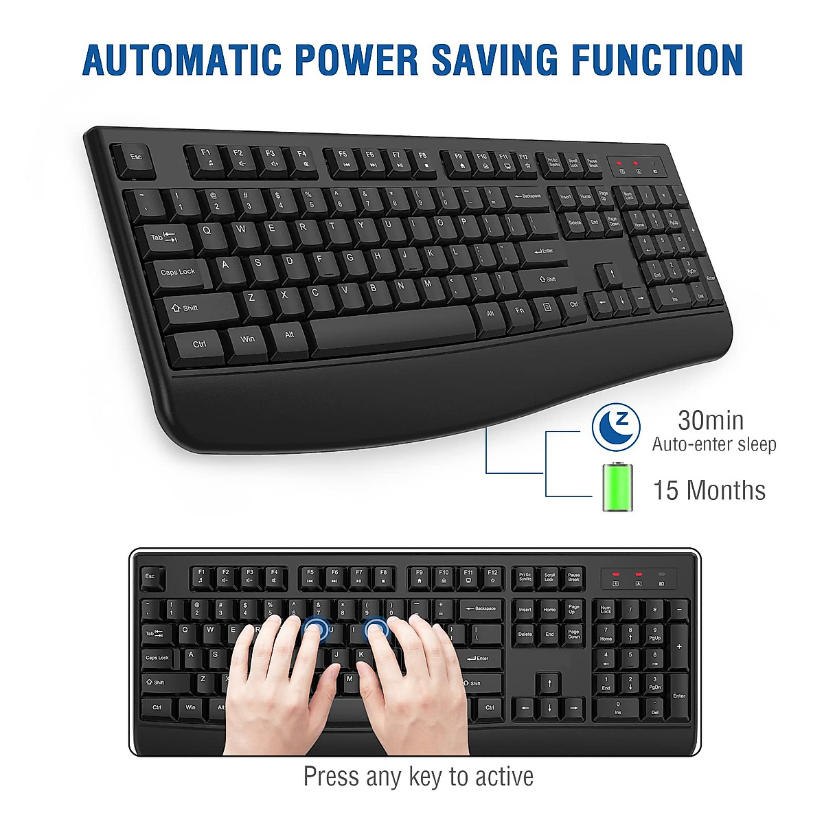 EDJO Wireless Keyboard, 2.4G Ergonomic Full Size Wireless Computer Keyboard with Wrist Rest for Windows, Mac OS Desktop/Laptop/PC（Black）