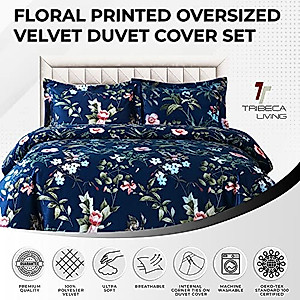 Tribeca Living Velvet Floral Printed King Duvet Cover Set, Soft Touch, Oversized, Luxury Three Piece Set Includes One Duvet Cover and Sham Pillowcases, Calla Multicolor