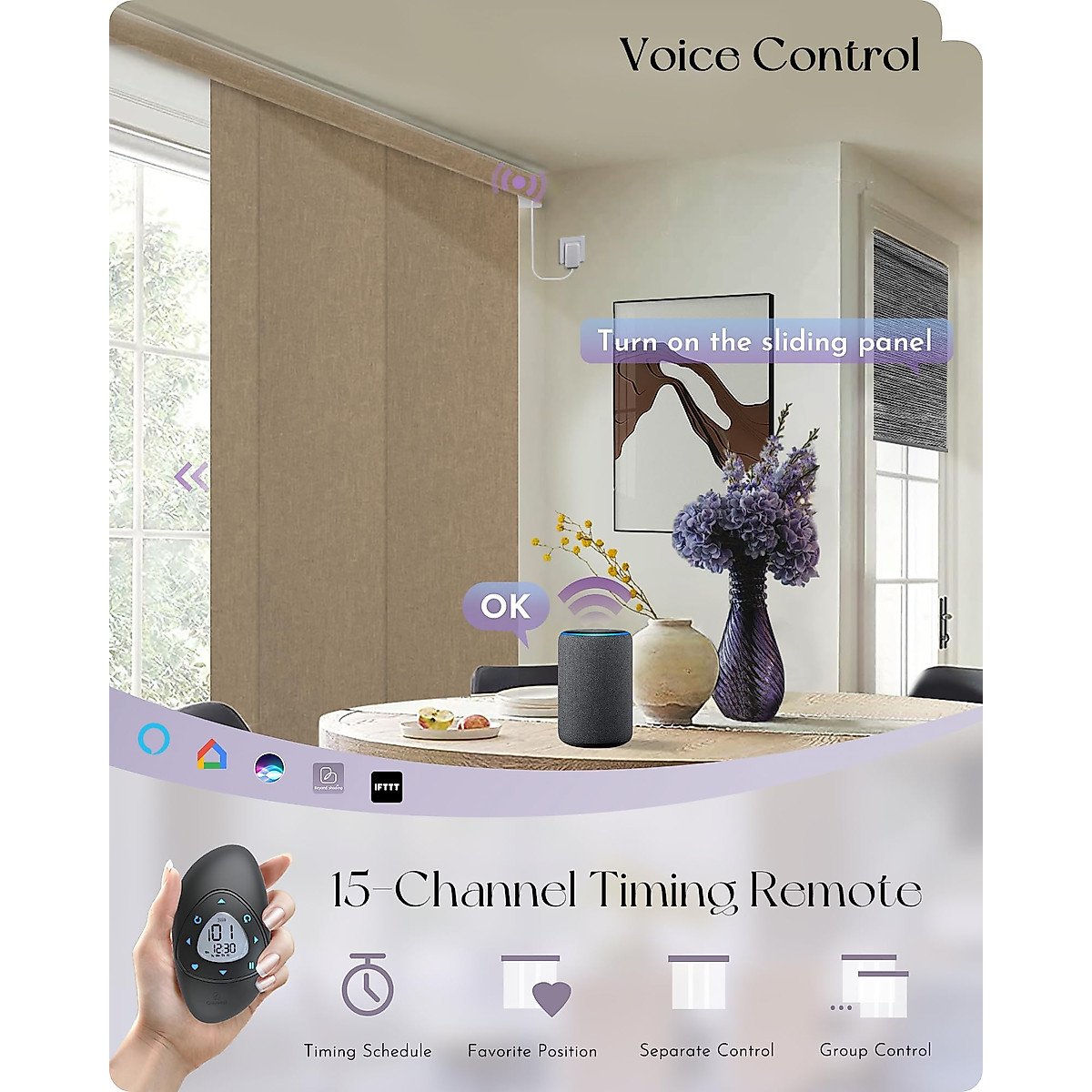 Graywind Motorized Sliding Panels Blackout Compatible with Alexa Google Smart Panel Track Blinds Remote Shades for Patio Sliding Door, Custom Size (Coffee)