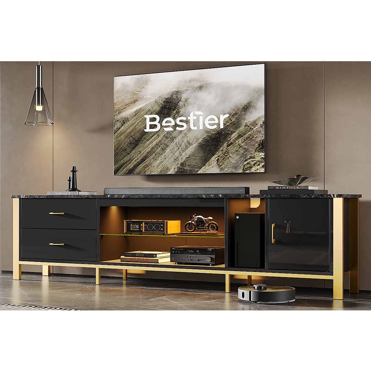 Bestier TV Stand for 75/80/85/90 Inch TVs, LED Gaming Entertainment Center, Modern TV Cabinet with Glass Shelves for Living Room, 2 Storage Drawers & Cabinets for Bedroom, Black Glossy