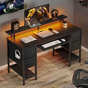 Seventable Computer Desk 47.2" with LED Lights & Power Outlets, Home Office Desk with 4 Drawers, Writing Desk with Keyboard Tray, Study Desk with Monitor Stand, Work Desk for Home Office, Black