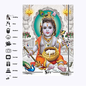 MingTian Baby Lord Krishna Tapestry Backdrop 7x5 Vinyl Indian Lord Child Bal Krishna Poster Background for Living Room Baby Krishna