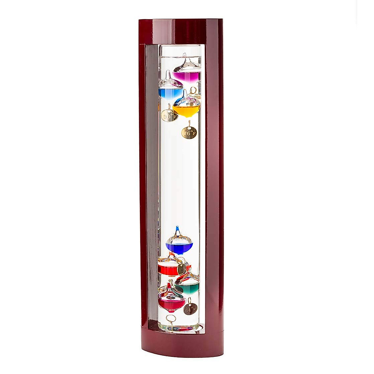 Galileo Glass Thermometer | 14.5-Inches Tall with Cherry Wood Frame | Law of Physics | Indoor Room Temperature for Home House Office Desk Counter Tabletop | Holiday Gift Present