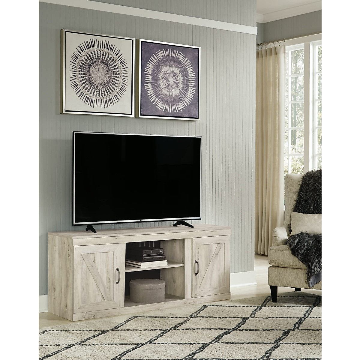 Signature Design by Ashley Bellaby Farmhouse Large TV Stand up to 60" with 3 Adjustable Shelves and Fireplace Option, White