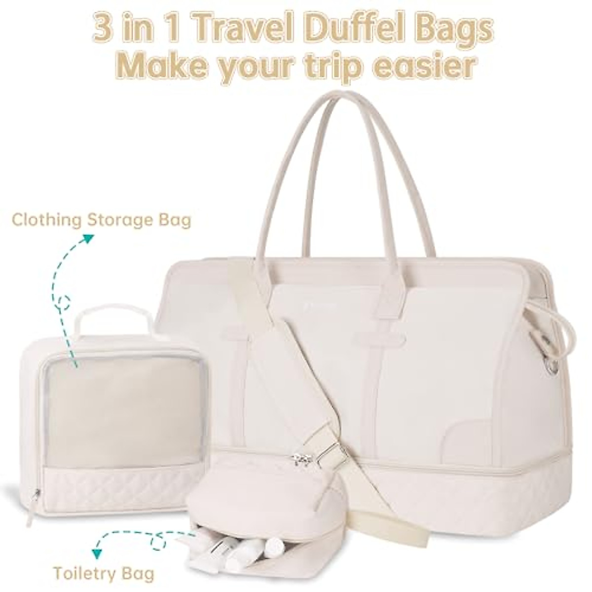 ETRONIK Weekender Overnight Bags for Women, Large Travel Duffle Bags with Shoe Compartment & Wet Pocket, Carry On Tote Bag Gym Duffel Bag with Toiletry Bags for Hospital 3 Pcs Set, Large Size, Beige