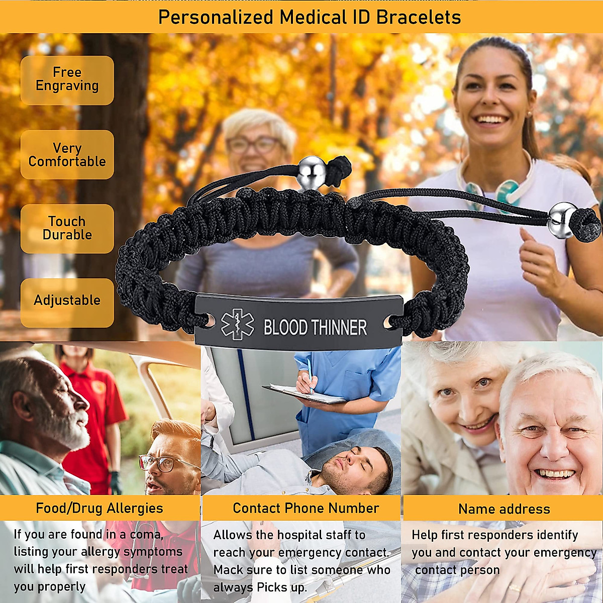 VNOX Custom Engraving Handmade Braided Rope Adjustable Medical Alert ID Bracelet Fits Adults,5.9-9 Inches