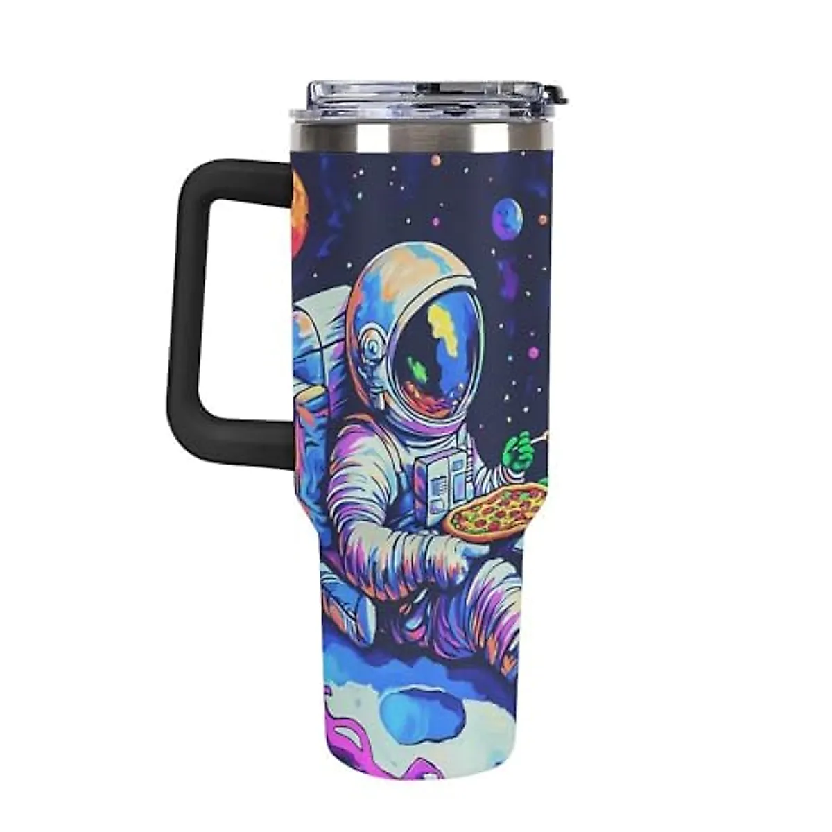 Astronaut Aliens Pizza Insulated Tumblers with Handle Stainless Steel Coffee Mug Funny Travel Cup with Lid Straw 40oz