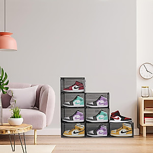 Large Shoe Boxes Clear Plastic Stackable, 8 Pack Drop Side Shoe Storage Organizer with Magnetic Door, Foldable Space-Saving Shoe Container Sneaker Storage Display Fit up to US Size 13 for Men/Women