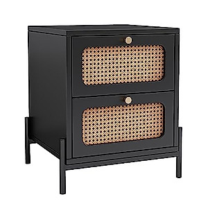 Modern 2-Drawer Nightstand Side Table End Table,Cannage Rattan Wood Closet for Bedroom, Living Room, Entryway, Hallway (Black+Rattan2)