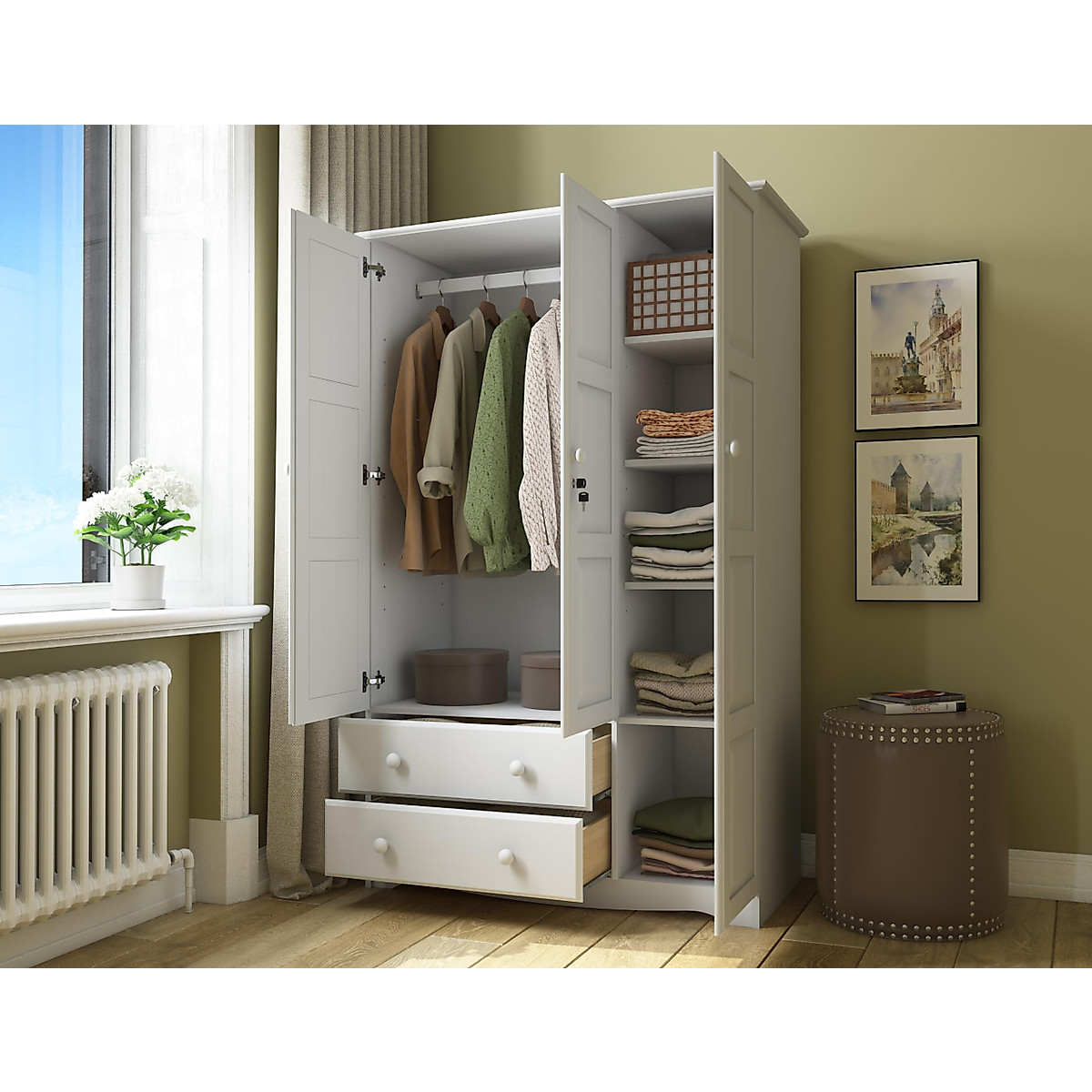 Palace Imports 100% Solid Wood Grand Wardrobe Armoire w/Lock, White, 4 Small Shelves, 1 Clothing Rod, 2 Drawers, 45.8" w x 72" h x 20.75" d, Renewable Eco-Friendly Wood, Made in Brazil