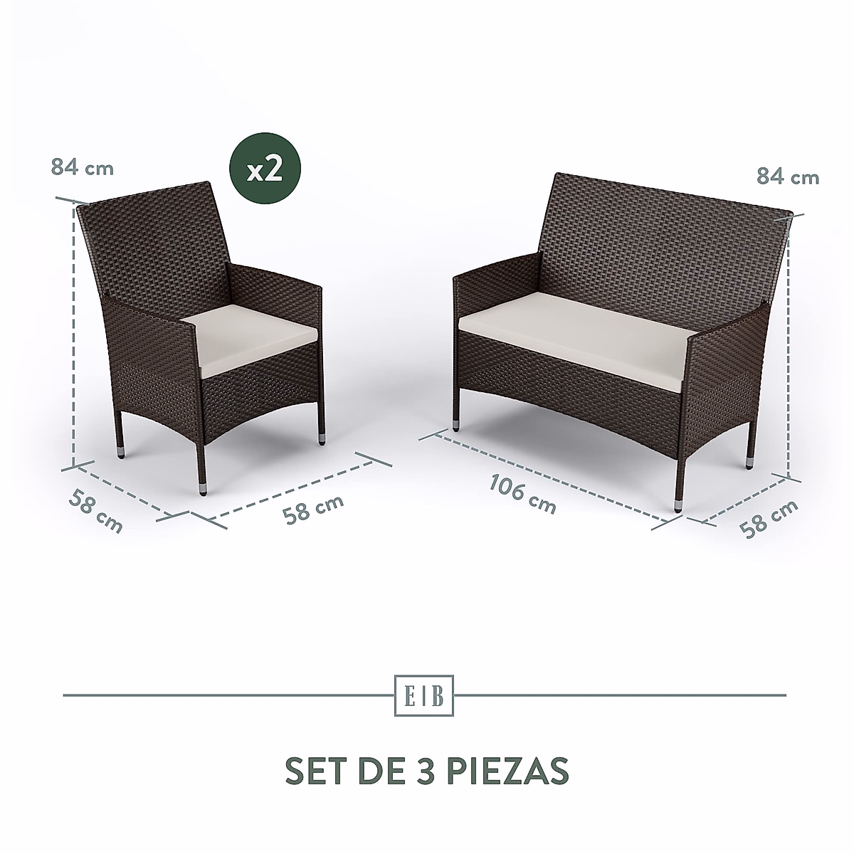 Edenbrook Bayview Rattan Patio Furniture - Outdoor Furniture Set, Set of Three: Loveseat and 2 Chairs, Brown Rattan/Cream