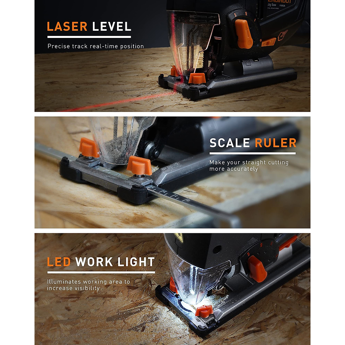 6.7 Amp 800W Jigsaw, ENGiNDOT (800-3000 SPM) Jig Saw with 6 Variable Speed, Laser & LED, 4 Orbital Sets, 6 Blades, 45° Bevel Cutting, Scale Ruler, Dust Blowing for Wood, Metal and Plastic Cutting