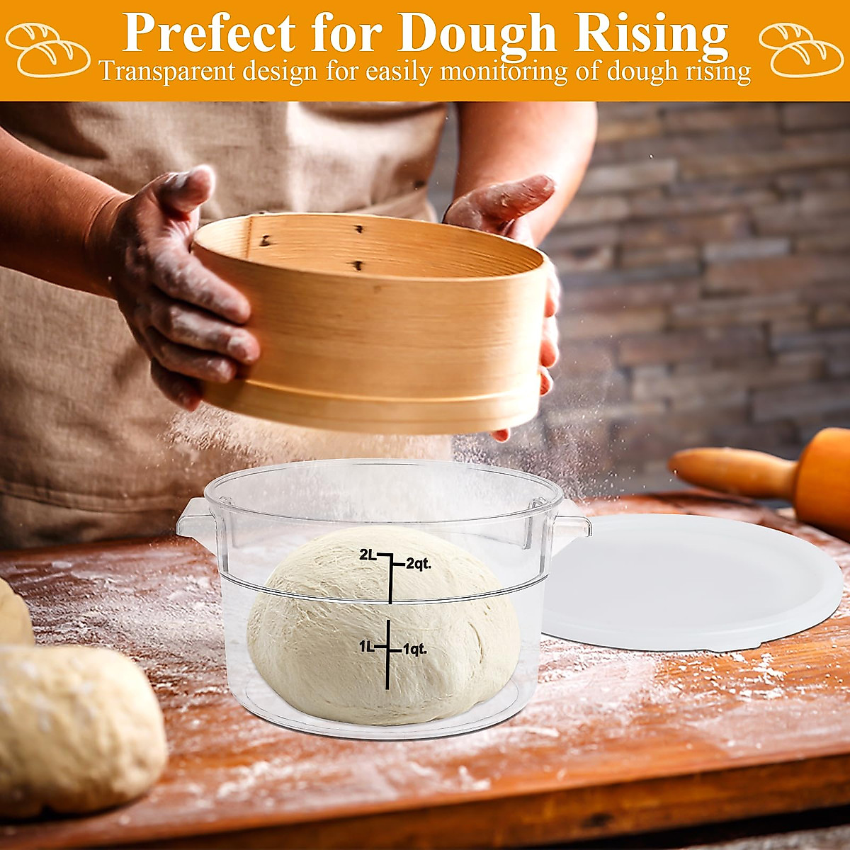 Milkary 4Pcs Food Storage Container with Lids, Clear Round Dough Proofing Container, Commercial Containers with Scales and Handles for Bread Dough Rise Fridge Kitchen Organization 2 Qt 4 Qt (White)