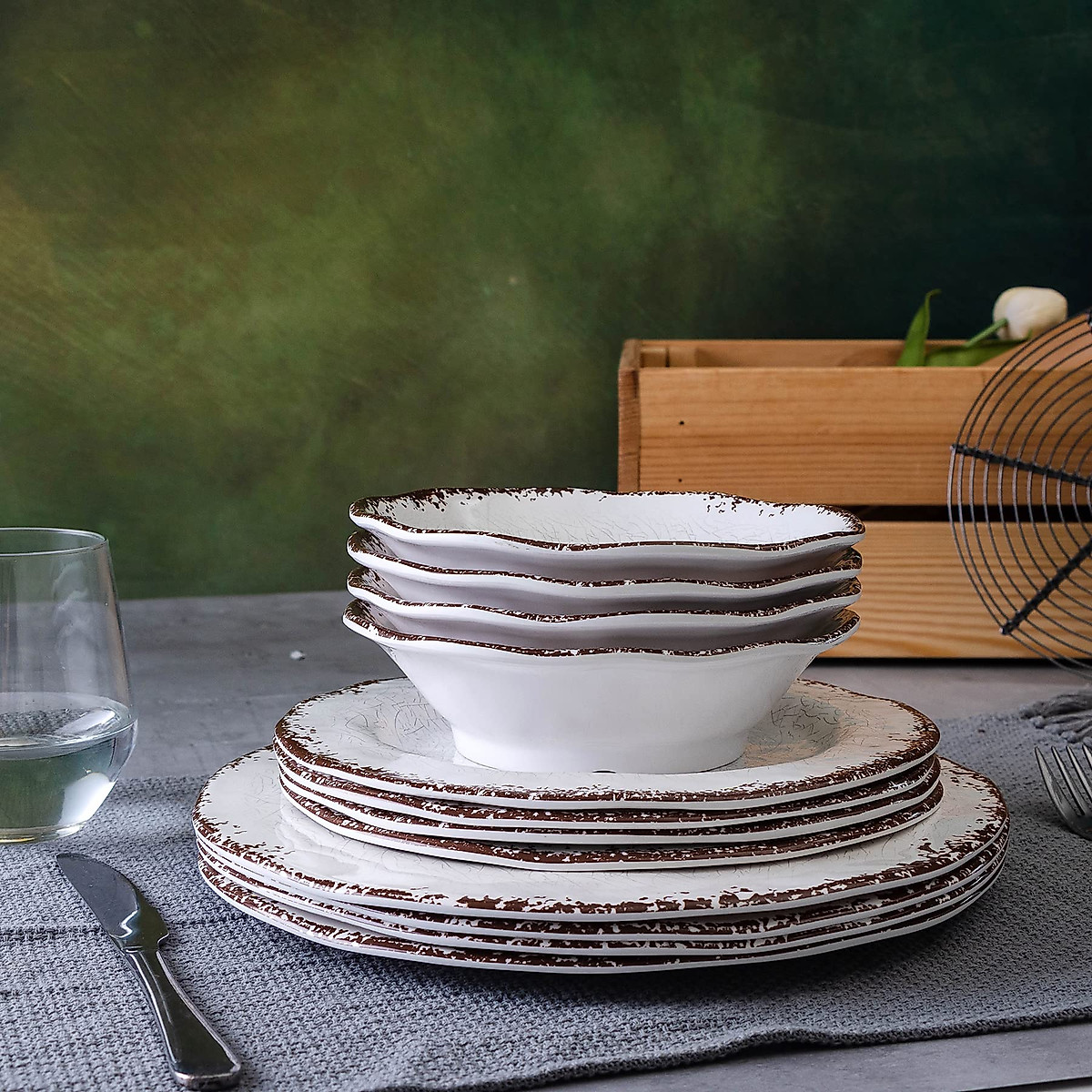 LEHAHA Vintage White Melamine Dinnerware set-12 Piece Lightweight Unbreakable Outdoor Camper Plates/Dishes and Bowls Set, Service for 4, Dishwasher Safe…