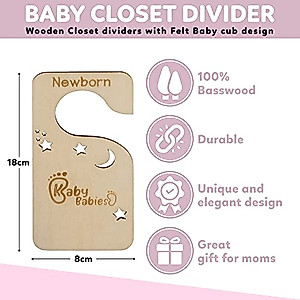 Wooden Baby Closet Dividers for Baby Nursery – 7Pcs Premium Wooden Hanging Organizer for Baby Clothes – Cute Felt Baby Cub Design Closet Dividers for Hanging Clothes – Easy to Install