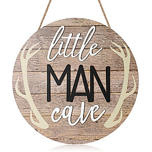 Blulu Little Man Cave Sign 12 x 12 Inch Little Man Cave Decoration for Nursery Wooden Wall Room Wall Decor Rustic Round Wood Sign Decor