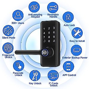 BEBASIA Smart Door Lock, Keyless Entry Door Lock, Fingerprint Door Lock, Door Locks with Keypads, Bluetooth WiFi Door Locks, Keypad Door Lock with Reversible Handle, APP Control, Fobs, Code (Black)