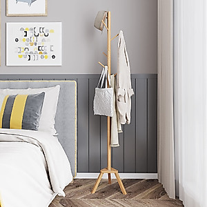 Sywhitta Coat Rack Stand, Premium Bamboo Free Standing Coat Rack with 6 Hooks, Easy Installation Clothes Hanger Stand, Burlywood