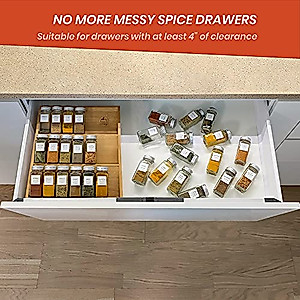 Pinnacle Cookery Spice Drawer Organizer for Kitchen - Bamboo Spice Rack Organizer for Drawer - 15x13 Space Saving Seasoning Organization Storage Tray