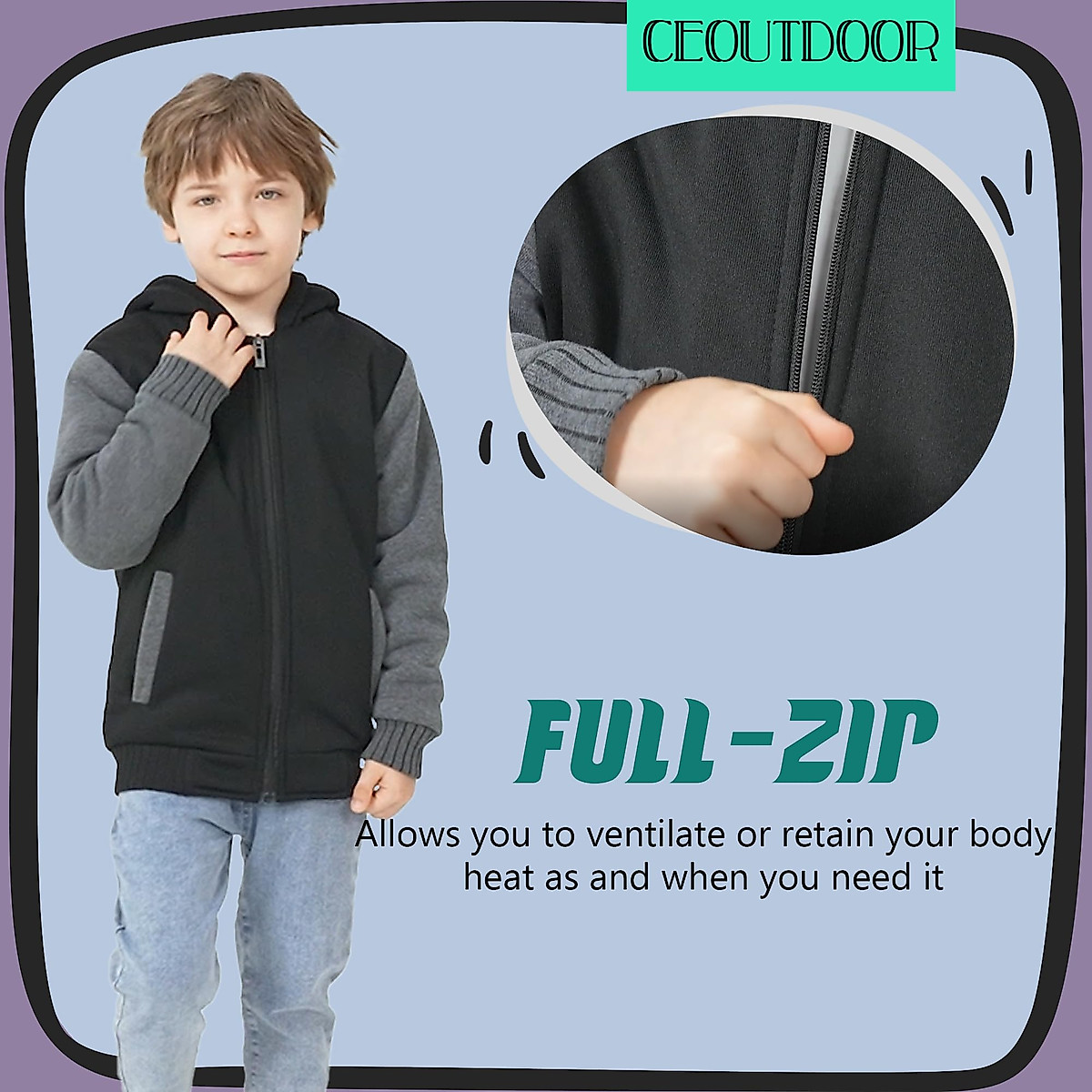 Ceoutdoor Boys Fleece Jacket Zip up Sweatshirt Hoodie Soft Warm Outdoor Winter Coat for Kids (B-Black/Grey,Size 6-7)