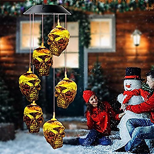 Solar Skeleton Skull Light Skull Wind Chime LED Skeleton Skull Night Light Party Decorate Pendant Waterproof Hanging Garden Wind Chimes Ghost Light for Outdoor Yard Garden Decor