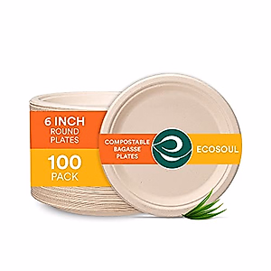 ECO SOUL 100% Compostable 6 Inch Paper Plates [100-Pack] Disposable Party Plates I Heavy Duty Eco-Friendly Sturdy Appetizer Plates Disposable I Biodegradable Unbleached Sugarcane Eco Plates
