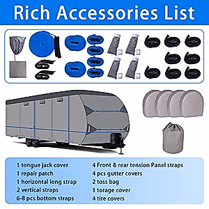 Tuszom 100% Waterproof 600D RV Travel Trailer Cover Durable Rip-Stop Camper Cover fits 31'7"-34' Motorhome - Breathable Windproof Anti-UV with 13PCS Straps, 4 Tire Covers