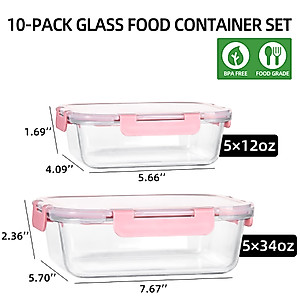 UMEIED 10 PACK Glass Food Storage Containers with Lids, Glass Airtight Meal Prep Container Set for Lunch, On the Go, Leftover, Kitchen Pantry Organizers and Storage, BPA Free & Leak Proof (Pink)