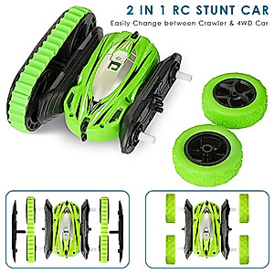 2-in-1 Remote Control Car, Rechargeable Remote Control Crawler for Kids Age 3 Years and up, Changeable Wheels, Double-side 360° Flips, LED Headlights, Fast Stunt Toy Race Cars for Toddlers-Green