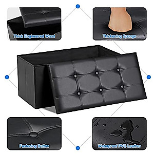 SUPER DEAL Leather Storage Ottoman Bench 30 Inches Folding Footrest with Padded Seat Large Toy Sotrage Chest Long Box for Livingroom Bedroom Entryway, 30"x15"x15", Black
