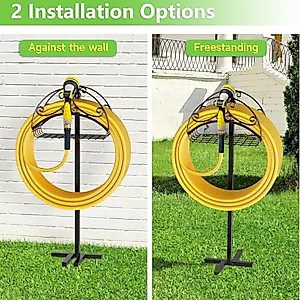 Helhom Garden Hose Holder Freestanding, Water Hose Holders with Storage Basket Detachable Garden Hose Stand Heavy Duty for Outside Lawn Yard