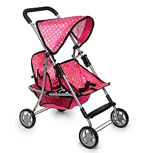 Twin Baby Doll Stroller - Pretend Play Baby Stroller for Dolls - Toy Stroller with Storage Basket for Baby Doll Accessories Set - Polka Dot Design Baby Stroller Toy for Kids - Folds Easily