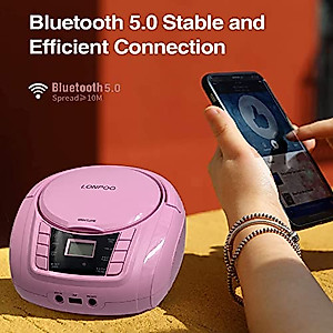 LONPOO Portable CD Player Kids Gift Boombox Classic Stereo Sound System Outdoor Speaker with FM Home Audio Radio, Bluetooth, Aux-in, USB Playback, Pink