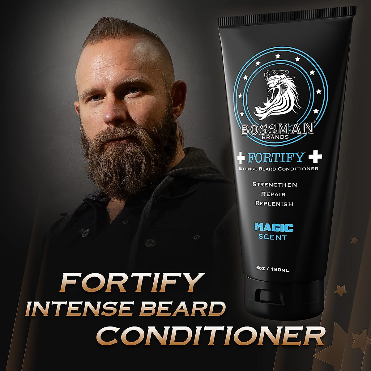 Bossman Fortify Intense Beard Conditioner - Shower Beard Wash, Moisturizer and Beard Softener for Men - Beard Growth Products - Made in USA (Magic Scent)