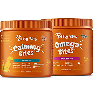 Zesty Paws Calming Soft Chews for Dogs - Composure & Relaxation for Everyday Stress + Omega 3 Alaskan Fish Oil Chew Treats for Dogs - with AlaskOmega