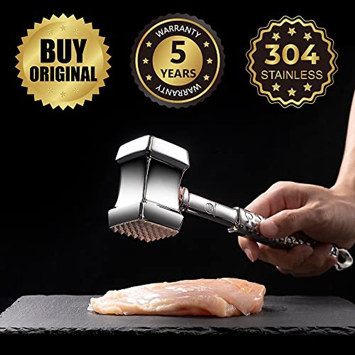Meat Tenderizer Stainless Steel - Premium Classic Meat Hammer - Kitchen Meat Mallet - Chicken, Conch, Veal Cutlets Meat Tenderizer Tool - Meat Pounder Flattener - Non-SLIP Grip with 5 years Warranty