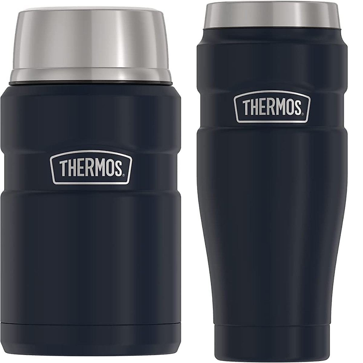 THERMOS Stainless King Vacuum-Insulated Food Jar, 24 Ounce, Midnight Blue Stainless King 16 Ounce Travel Tumbler, Matte Blue Bundle