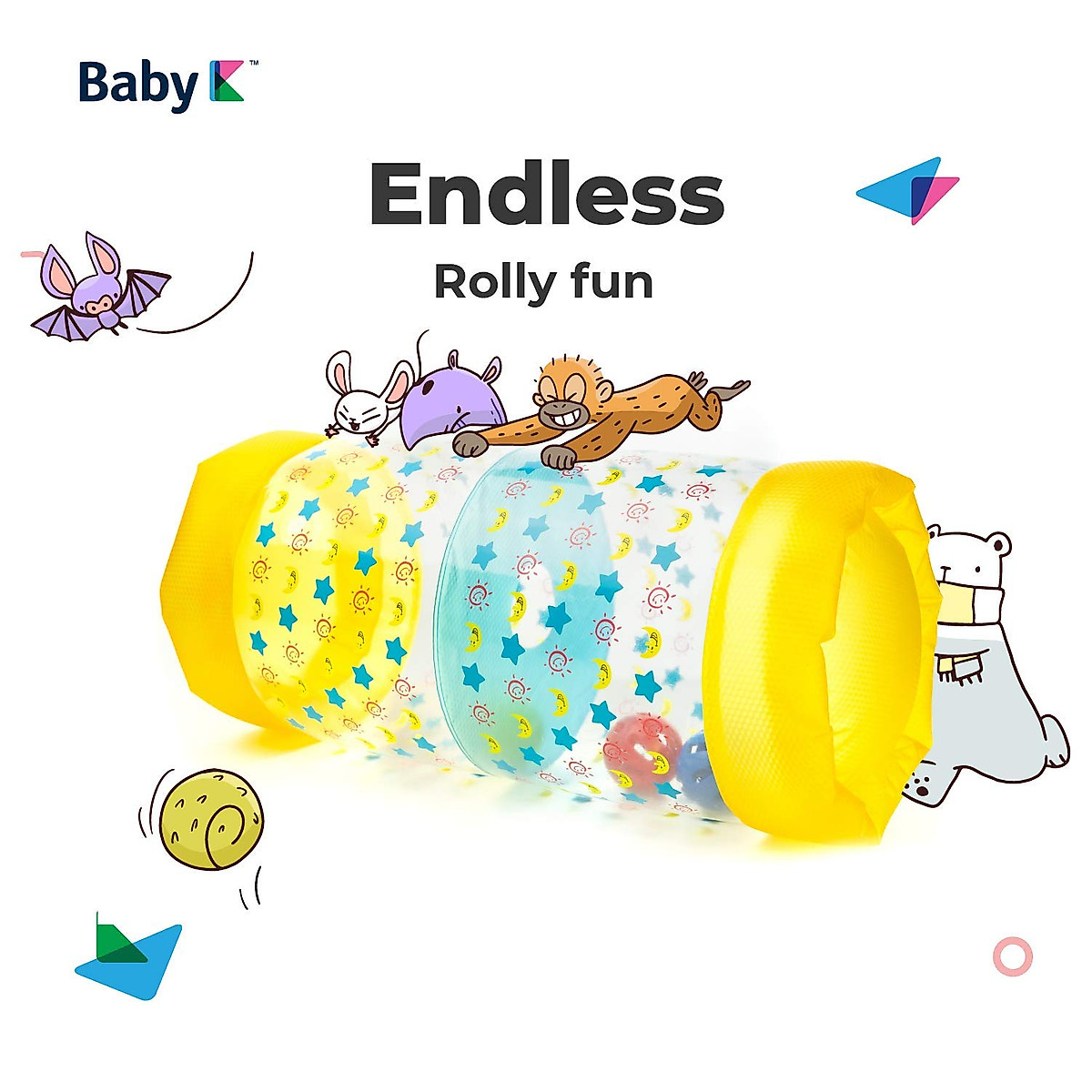 BABY K Inflatable Baby Roller Toy (Yellow) - Tummy Time Toys for Babies 0-6 Months - Baby Crawling Toys for Babies 6-12 Months- Early Development Crawling Fitness Baby Toys - Baby Exercise Toys